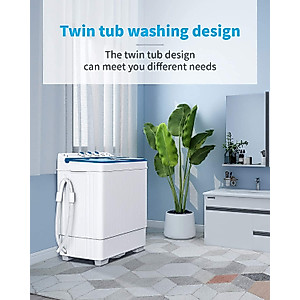 Twin Tub Portable Mini Washing Machine 26lbs Capacity, Compact Washer(18lbs)&Spiner(8lbs)/Built-in Drain Pump/Semi-Automatic (White&Blue)