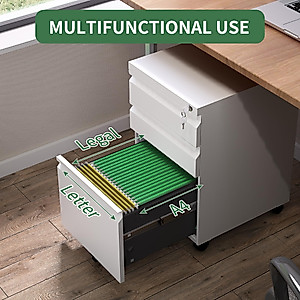 BIZOEIRON 3 Drawer Mobile File Cabinet,Under Desk Metal Filing Cabinet with Lock and Wheels for Letter/Legal/A4 Size (White)