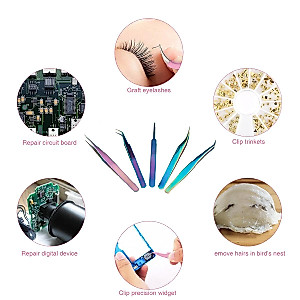 Generl Rainbow Tweezers Set for Eyelash Extensions Straight and Curved Stainless Steel Precision Tweezer for Lash Nail Art Ingrown Hair Craft Work 5 Pcs, 5 inches