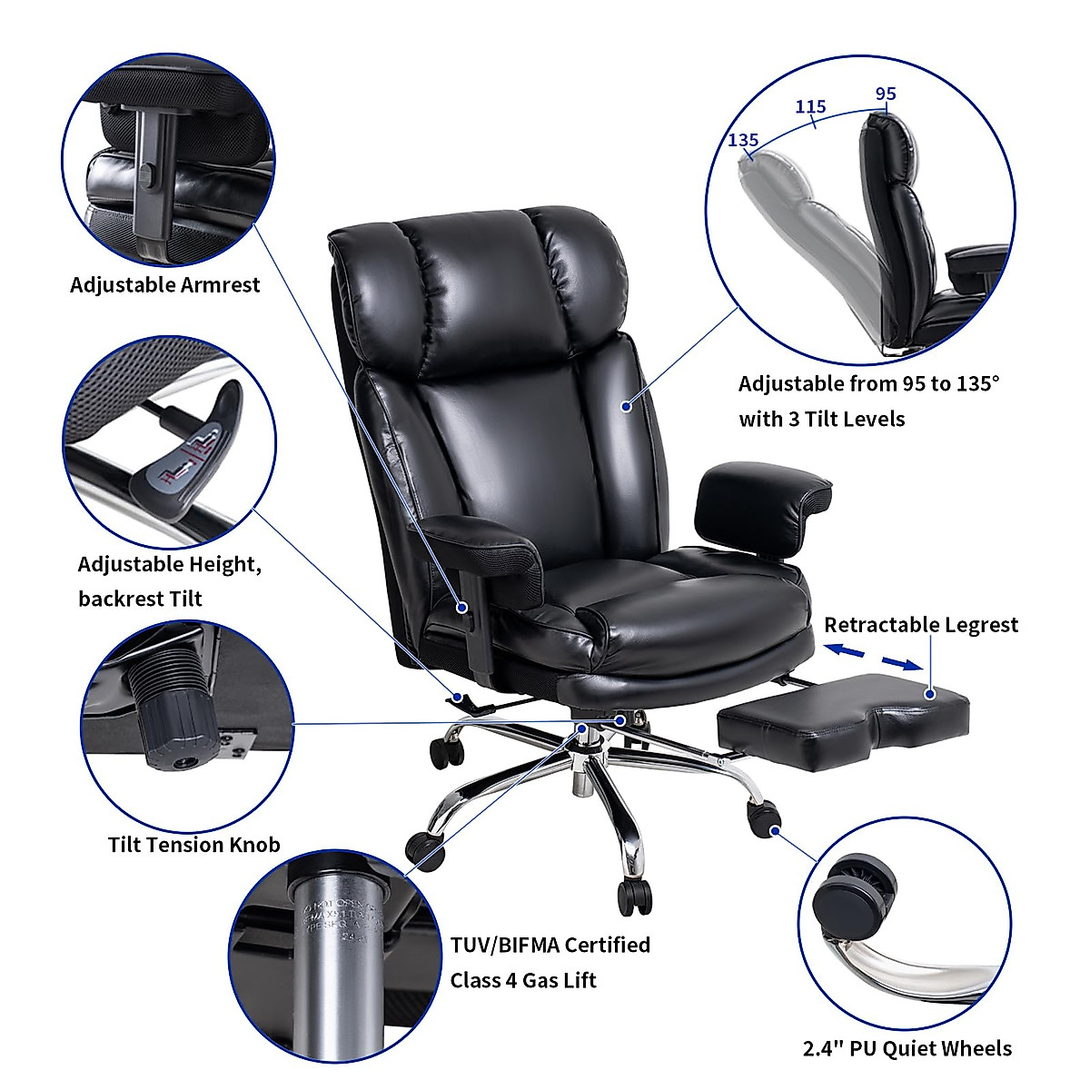 KUMEPOJO Big and Tall Office Chair 400lbs, Wide Seat, Telescoping Leg Rests, Adjustable Armrests - Comfortable Office Chair for Lower Back Pain, Black Heavy-Duty Leather Office Chair