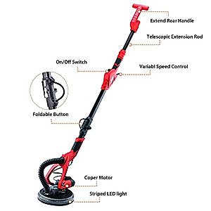 Electric Drywall Sander,750W Popcorn Ceiling Sander with Double-Deck LED Lights,Power Drywall Sander with 6 Variable Speed,1000-2100 RPM,Extendable Aluminum Handle,Long Vacuum Pipe,12 Sanding Papers