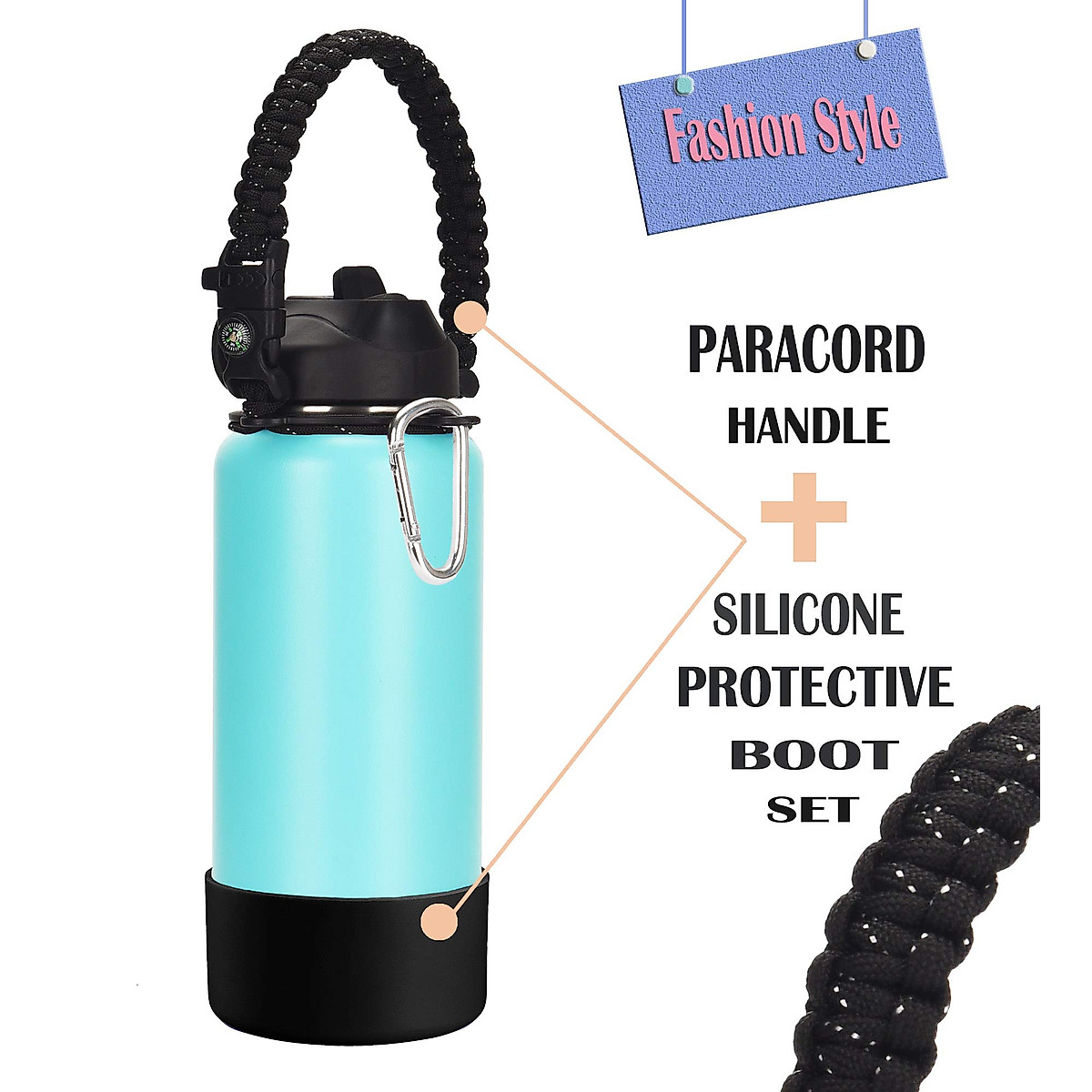 Paracord Handle Strap and Boot for Hydro Flask Wide Mouth Water Bottles,Durable Carrier with Safety Ring and Carabiner (Black White Spots)/Black, 32oz-40oz