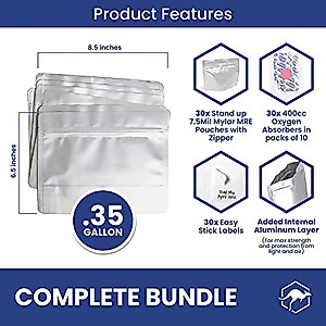 Wallaby MRE Mylar Bag Bundle - 30x (7.5 Mil - 6.5" x 8.5’’) Stand-Up Zipper Pouches, 30x 400cc Oxygen Absorbers - Heat Sealable & Withstand Boiling Water - Long-Term Food Storage Solutions - Silver