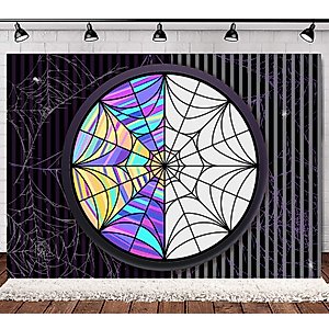 MECOLO Fabric Spider Web Window Gothic Backdrop Wednesday Horror Theme Birthday Photography Background Kids Party Decorations Black White Stripe Photo Banner Props