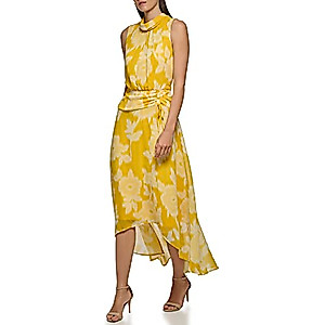 Karl Lagerfeld Paris Women's Floral High-Low Long Dress, Lemon Chrome Multi, 14