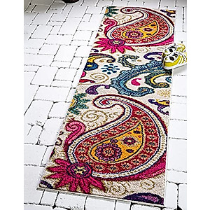 Unique Loom Estrella Collection Colorful, Paisley, Floral, Abstract, Modern Area Rug, 2 ft 7 in x 10 ft, Beige/Pink