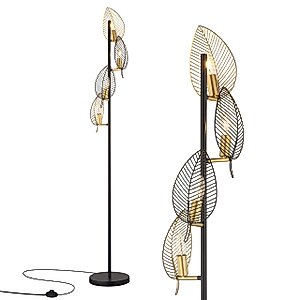 WOXXX Industrial Black Floor Lamp with 4 Brush Gold Finish Leaf Shade, Modern Tree Floor Lamps for Living Room Bedrooms Reading Standing Lamp Living Room Lamps Farmhouse Tall Lamp (4 Bulbs Included)