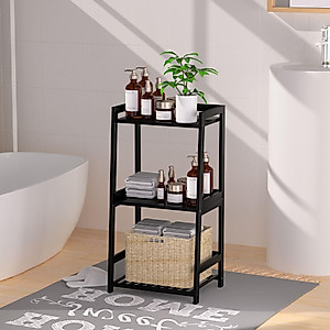 ADREMAN Bathroom Shelf, 3 Tier Ladder Shelf Bamboo Nightstand Open Shelving, Bathroom Storage Organizers Bookshelf Bookcase for Living Room, Bedroom, Bathroom (Black, Without Drawers)