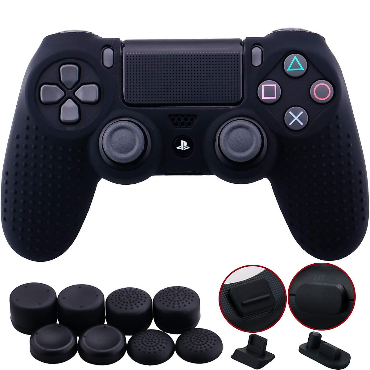 9CDeer 1 Piece of Silicone Studded Dots Protective Sleeve Case Cover Skin + 8 Thumb Grips Analog Caps + 2 dust Proof Plugs for PS4/Slim/Pro Controller, Black