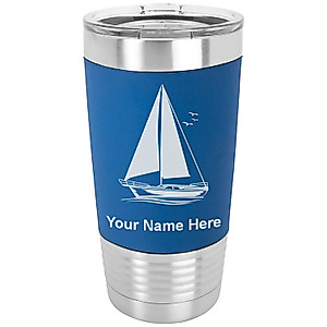 LaserGram 20oz Vacuum Insulated Tumbler Mug, Sailboat, Personalized Engraving Included (Silicone Grip, Dark Blue)