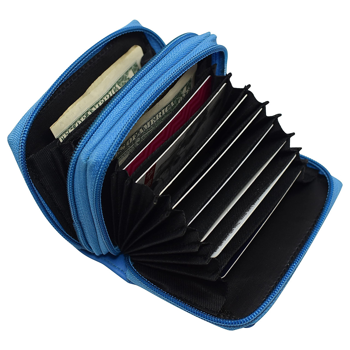 MARSHAL Genuine Leather RFID Identity Protected Double Zippered Accordion Wallet (Baby Blue)