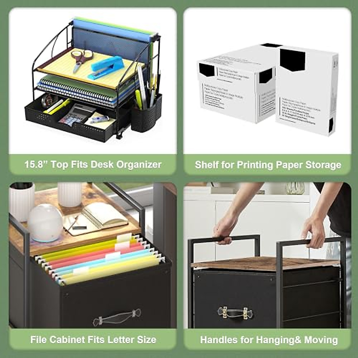 VECELO Mobile File Cabinet, Rolling Printer Shelf with Handle, Fabric Vertical Filing Cabinet fits Letter Size, Sturdy Steel Frame for Home Office, Brown