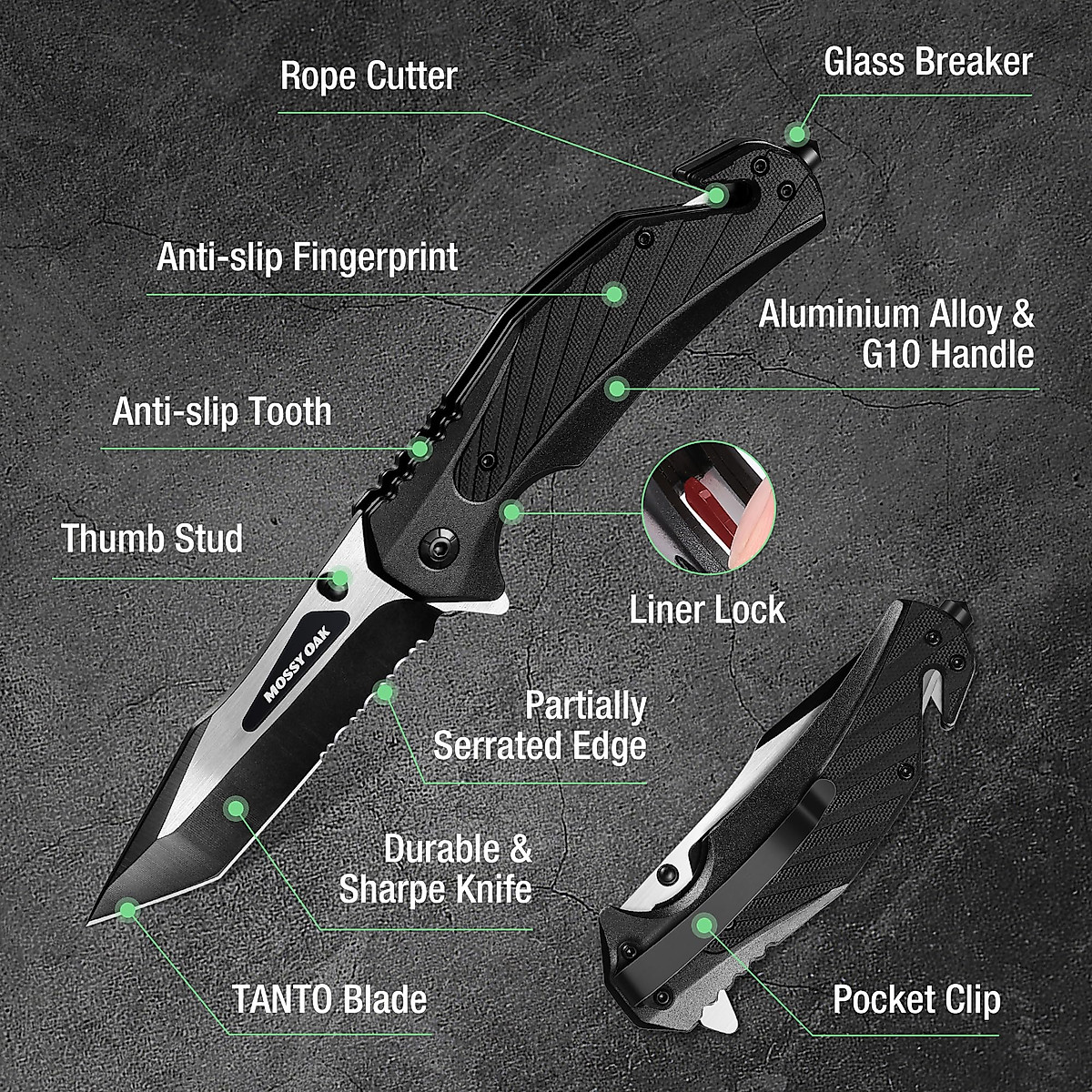 Mossy Oak Folding Pocket Knife with Aluminium Alloy & G10 Handle, 4.75" Tactical Knife with Tungsten Steel Glass Breaker, Seatbelt Cutter, Belt Clip, Survival Knife for Emergency, Outdoor, Camping