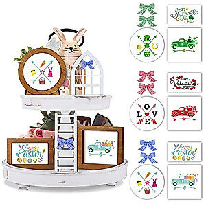 Farmhouse Tiered Tray Decor for Easter/St Patrick's Day/Valentines Decor (Tray Not Included), Rustic Interchangeable Seasonal Decor Set with Wooden Frames, Cards, Arch, Ladder,Easter Table Centerpiece