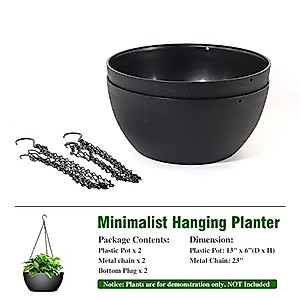 WOUSIWER 13 inch 2Pack Large Hanging Planters for Outdoor Indoor Plants with Drainage Holes and Chain, Round Hanging Flower Pots for Garden Home Porch Decor, Black