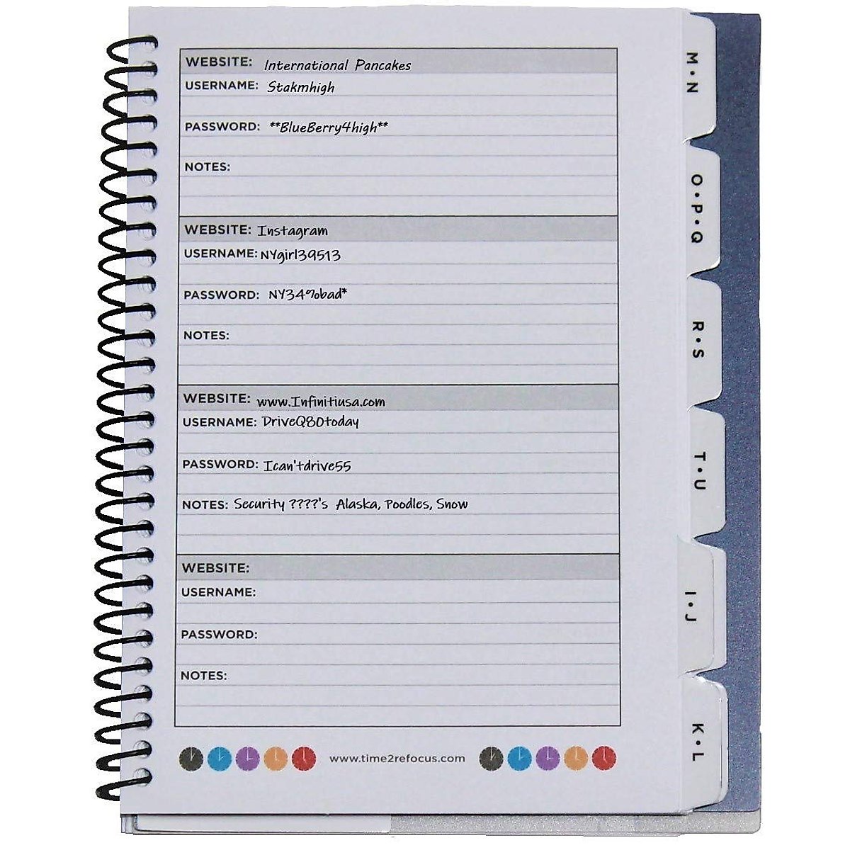 RE-FOCUS THE CREATIVE OFFICE, Password Book Keeper, Black, Small, Mini, Alphabetical Tabs, Spiral Bound, Removable Sheets, Journal Organizer, Includes, Website, Address, Username, Password
