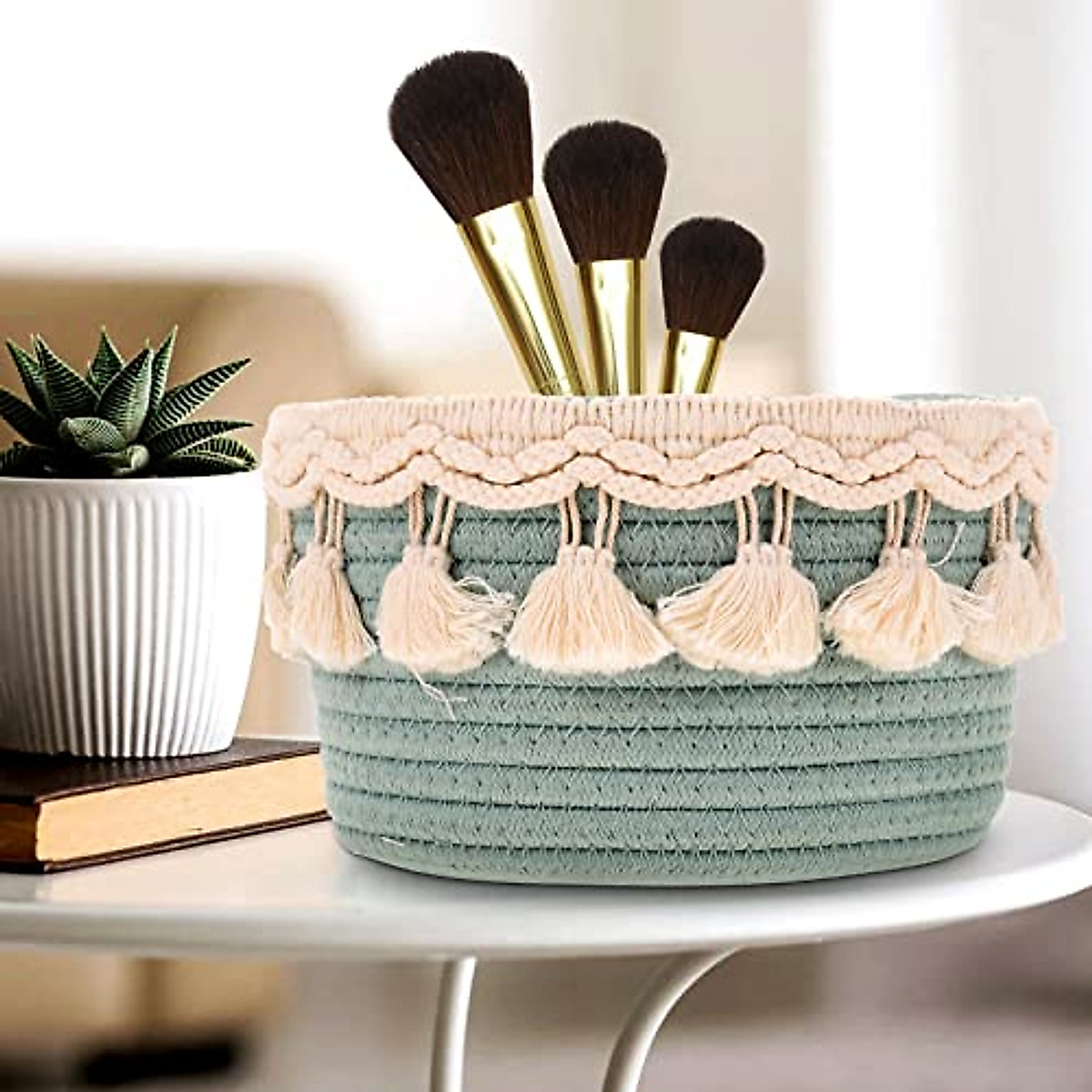 Woven Basket Small Woven Storage Basket Decorative Cotton Rope Basket with Tassel Woven Nursery Hamper Storage Bin for Blankets Towels Toilet Paper Green Bathroom Basket