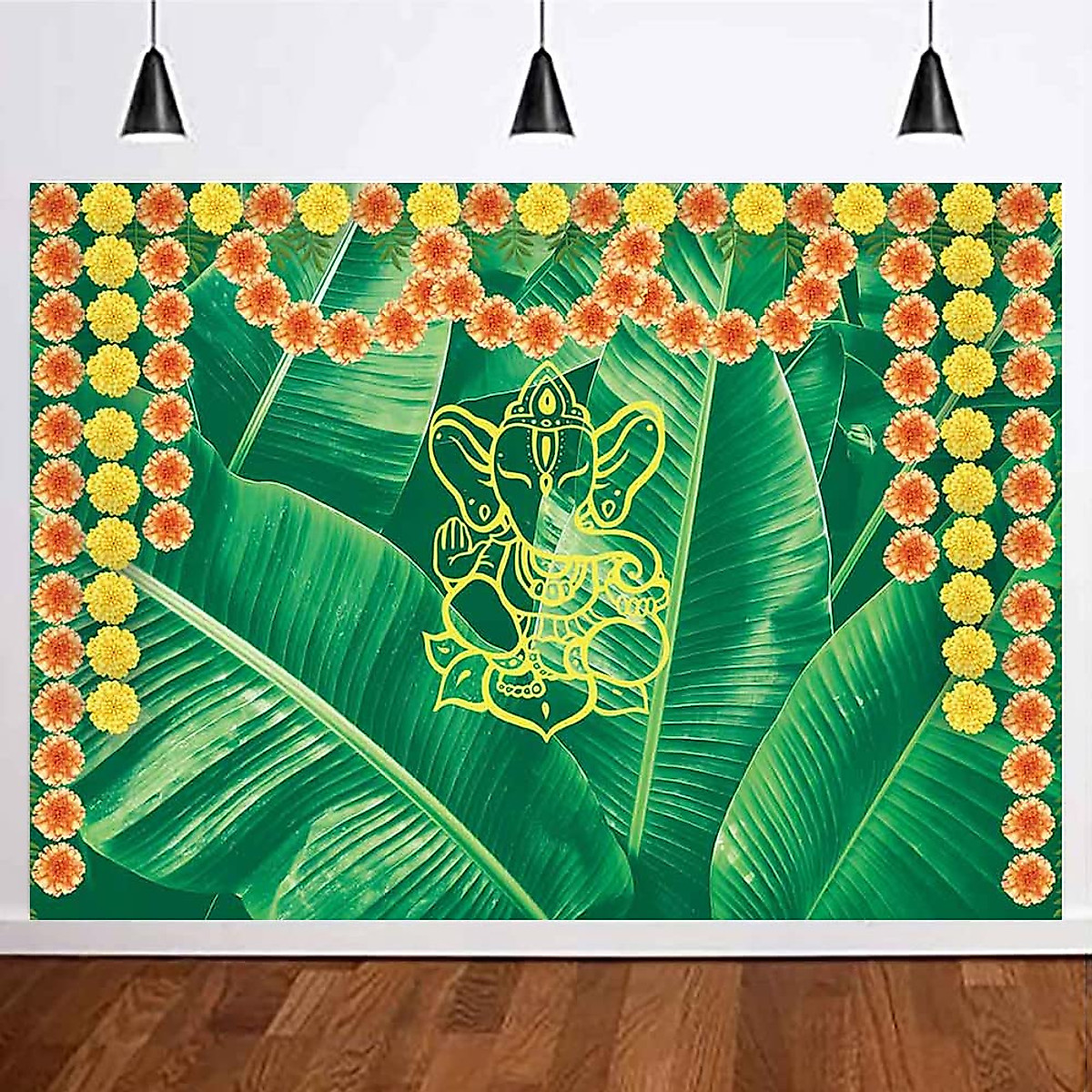 MAQTT Indian Festival Ganesh Chaturthi Backdrop for Festival Party Decoration Green Tropical Palm Leaf Photography Backdrop Indian Culture Religious Event Decor 7x5ft