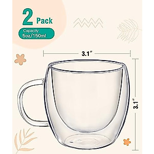 OYY 5oz Glass Coffee Mugs Set of 2, Double Wall clear Coffee Cup with Handle, Expresso Coffee glass mugs with Spoons, Insulated Coffee Glass Suit for Espresso Machine, Latte, Beverage, Tea, cappuccino