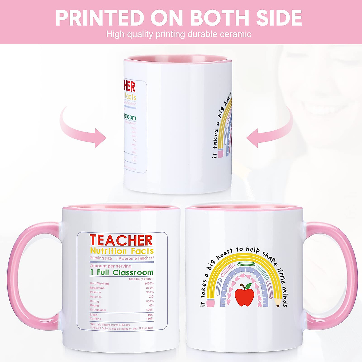 Zopeal Teacher Gifts Coffee Mug It Takes A Big Heart Coffee Mug Teacher Appreciation Gifts Coffee Cups for Women Men Teacher Christmas Graduation End of Year Thank you Birthday Gifts(Pink, White)
