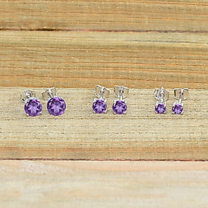 3-Pair Set Sterling Silver African Amethyst Round Stud Earrings, 3mm 4mm 5mm