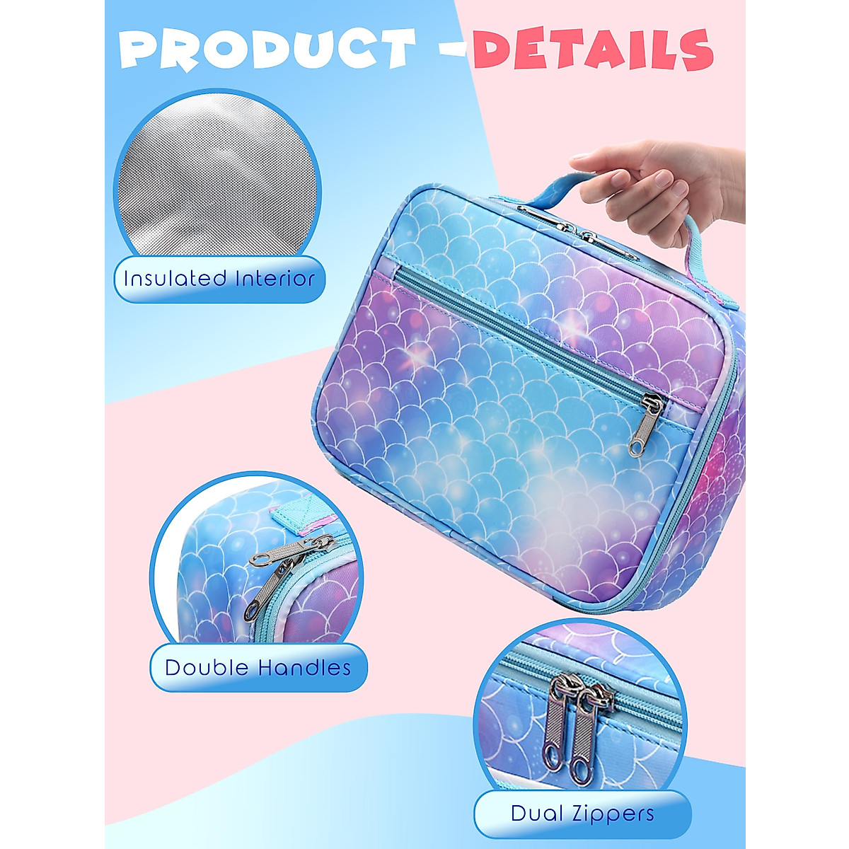 BLUEFAIRY Girls Backpack with Lunch Box Set Mermaid School Bag Set for Kids Elementary Primary School Book Bags Back to School Bookbags for Childs Lightweight Mochila para Niñas Cute Gifts Aged 4-8