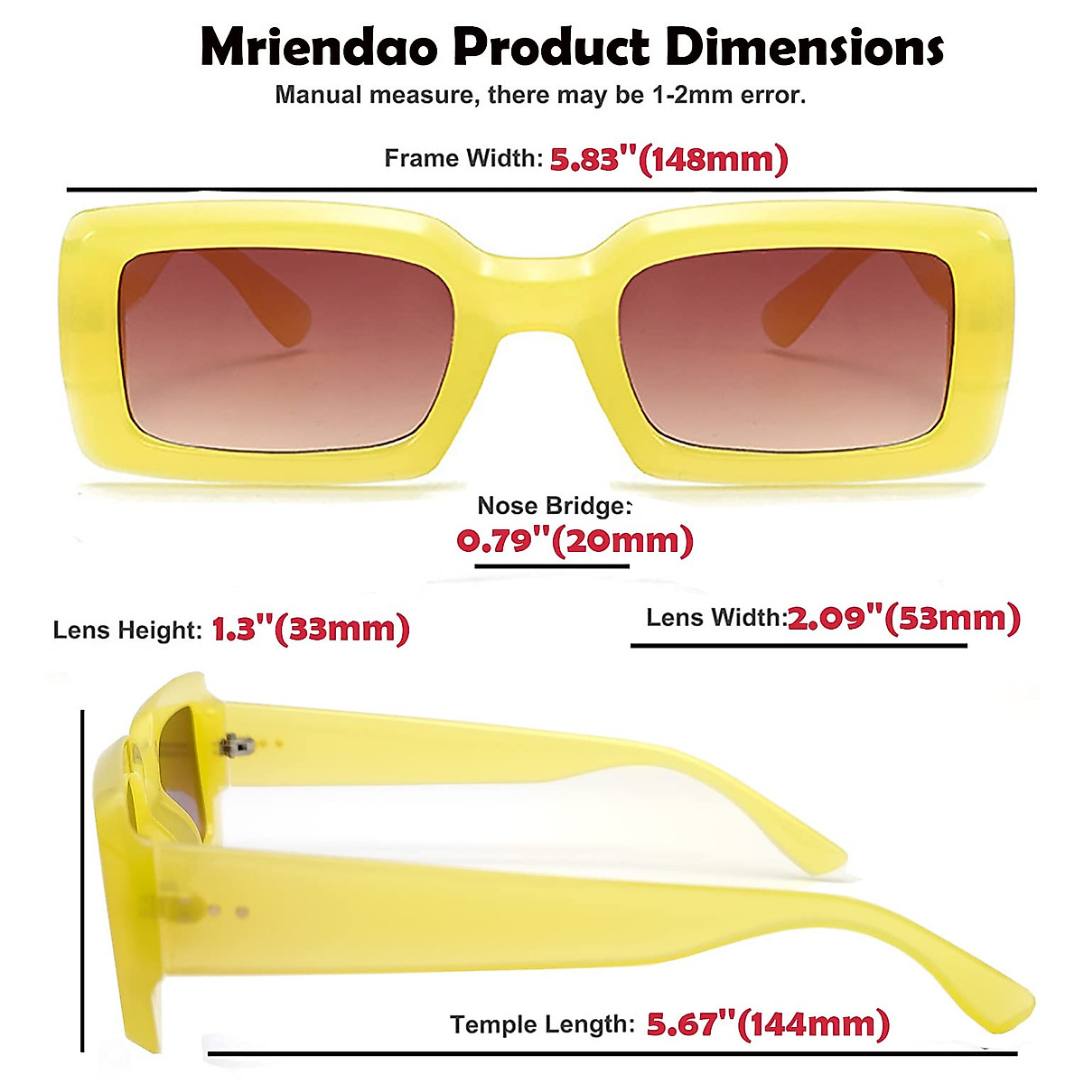 Mriendao Yellow Sunglasses for Women Men, Retro 90s Rectangle Sun Glasses Shades, Fashion Yellow Accessories