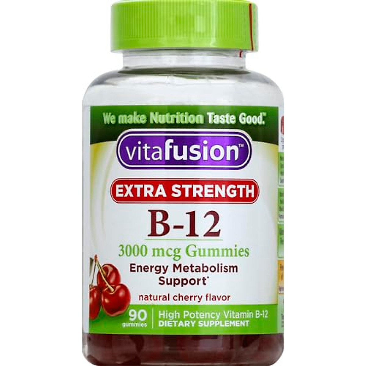 Vitafusion Extra Strength Vitamin B12 Gummy Vitamins for Energy Metabolism Support and Nervous System Health Support, Cherry Flavored, America’s Number 1 Brand, 45 Day Supply, 90 Count