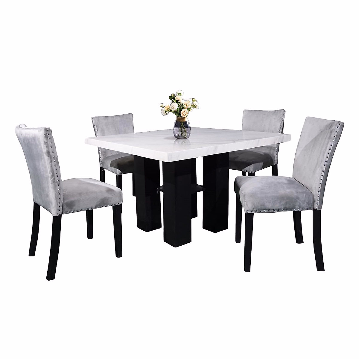 GTU Furniture 5Pc Dinning Square Table with Faux Marble Top and 4 Upholstered Grey Chairs Dining Room Set