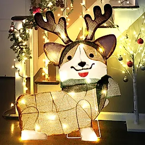 DROFELY 27”Christmas Corgi Lighted up Decoration for Indoor Display with LED Lights, Lighted 2D Christmas Dog with 20 Warm White Lights Decorative Christmas Tree,Home Xmas Holiday Addition AZ23GF-10