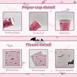 MEHOFOND Pink Halloween Baby Shower Decorations for Girl, Little Boo Disposable Dinnerware with Banner, Ghost Bat Pumpkin Baby Shower Plates and Napkins Set, Paper Plates Cups Party Supplies, Serve 24