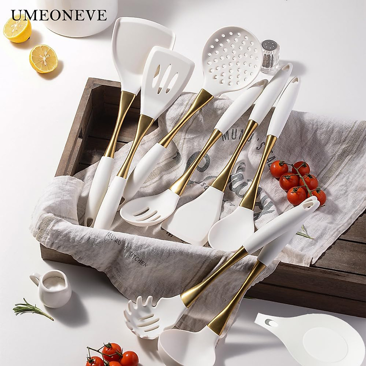 UMEONEVE White And Gold Silicone Cookware Set, 9-Piece, Universal Kitchen Utensils,gold with white kitchen utensils，Silicone Spatula Cooking Spoons for Nonstick Cookware Golden Stainless steel Handle