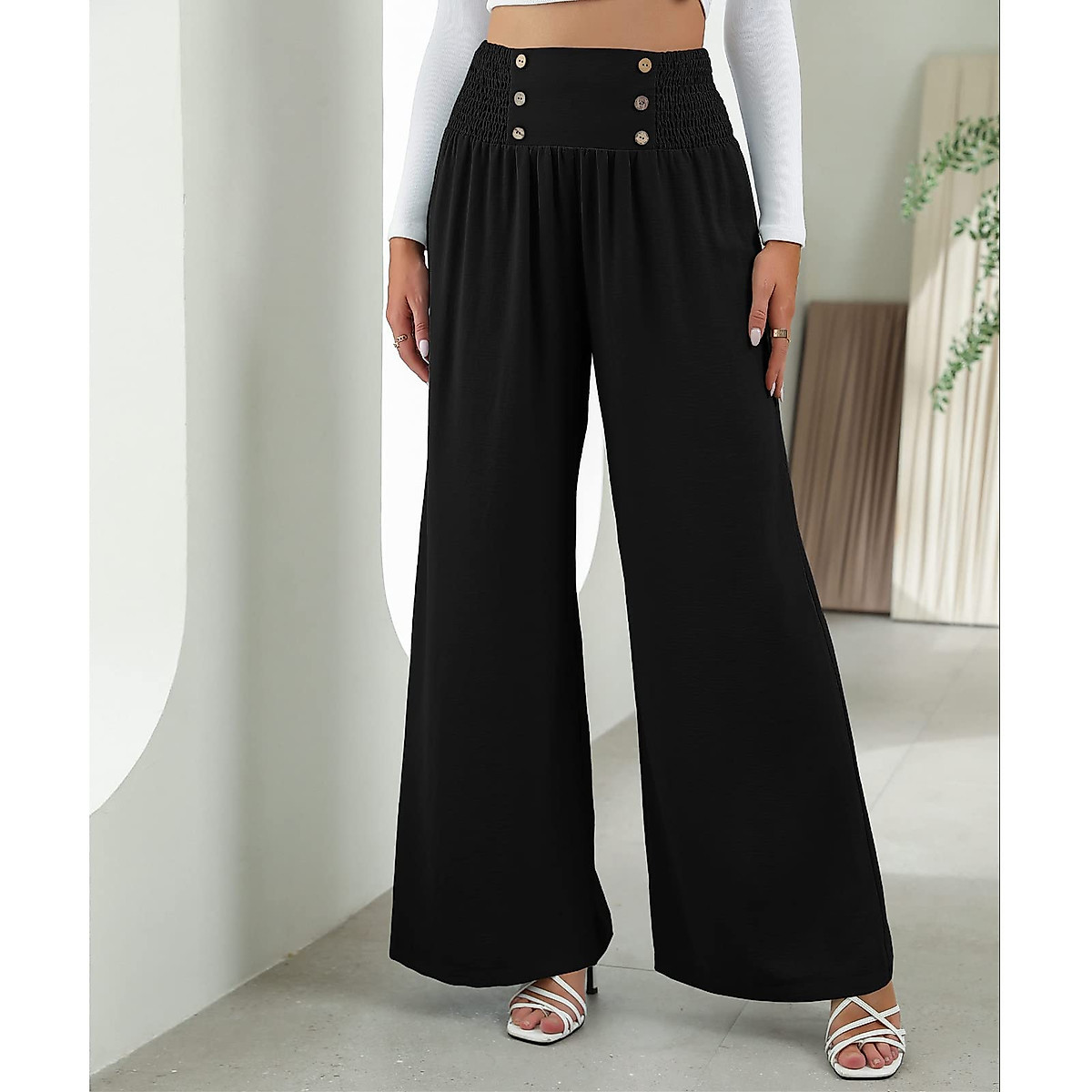 Pissente Women Wide Leg Trousers Shirred High Elastic Waist Button Decoration Casual Pants for Work Dating(XL-Black)