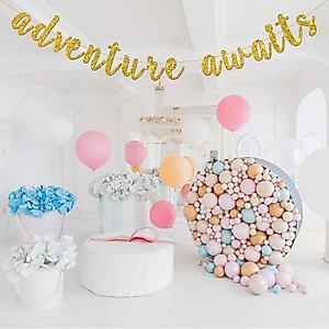 Adventure Awaits Banner, Wedding Engagement Party Bunting Decor, Congrats Grad, Birthday Retirement Sign Graduation Party Decorations Gold Glitter