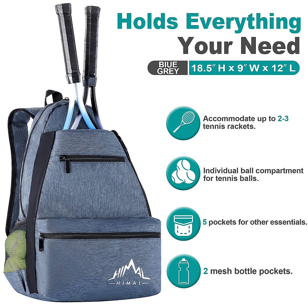 Himal Outdoors Tennis Backpack Tennis Bag - Large Storage Holds 2-3 Rackets and Necessities With Tennis,Pickleball,Racketball,Suitble for Women,Men and Teenagers,Rose Red