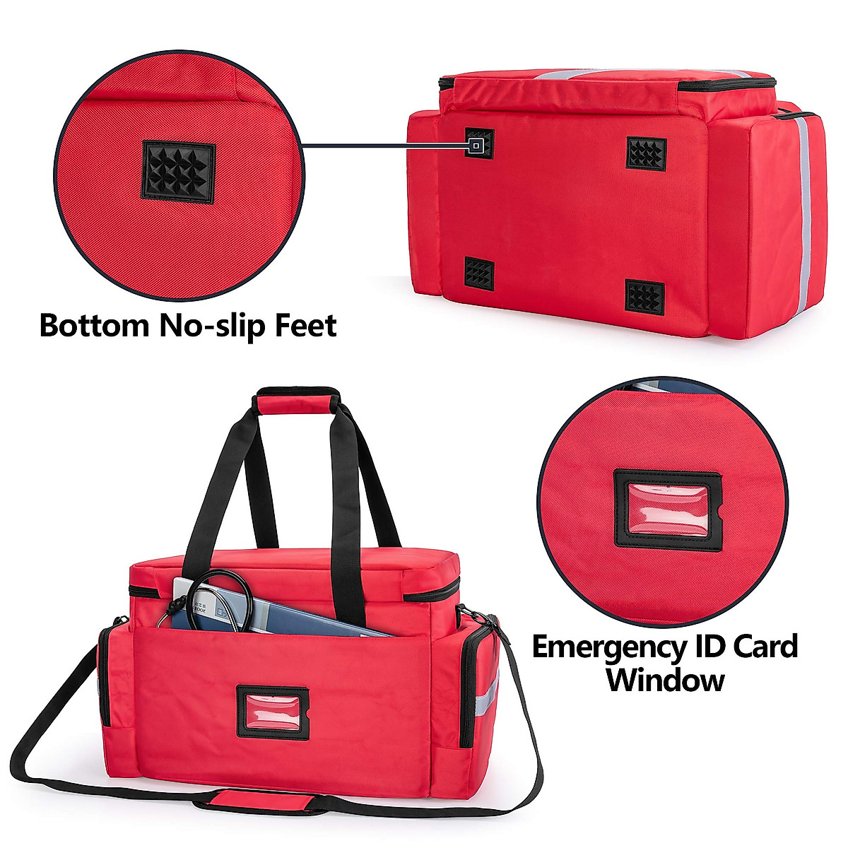Trunab First Aid Bag Empty, Professional Medical Bag Emergency Responder Trauma Bag with Inner Dividers and Anti-Slip Bottom, Ideal for EMT, EMS, Paramedics, Red - Patented Design, Bag Only