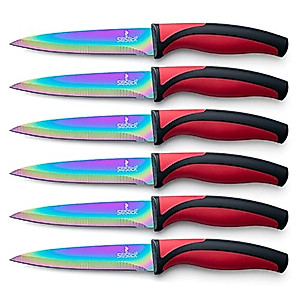 SiliSlick Stainless Steel Steak Knife Set - Titanium Coated Colorful Kitchen Knives with Straight Edge, Smooth & Sharp - Rainbow Iridescent Kitchen Gifts & Accessories