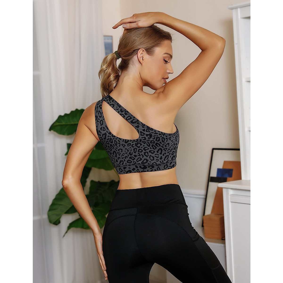 Sykooria Womens One Shoulder Sports Bras Workout Yoga Bra Sexy Cute Medium Support Leopard Print Black S-XXL