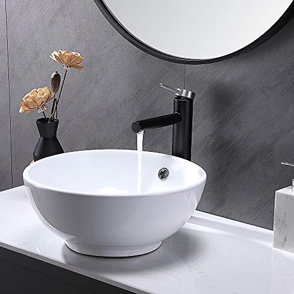 Modern Single Handle Matte Black Vessel Sink Faucet,One Hole Tall Bathroom Faucet Vanity Mixer Bowl Tap with Overflow Pop up Drain