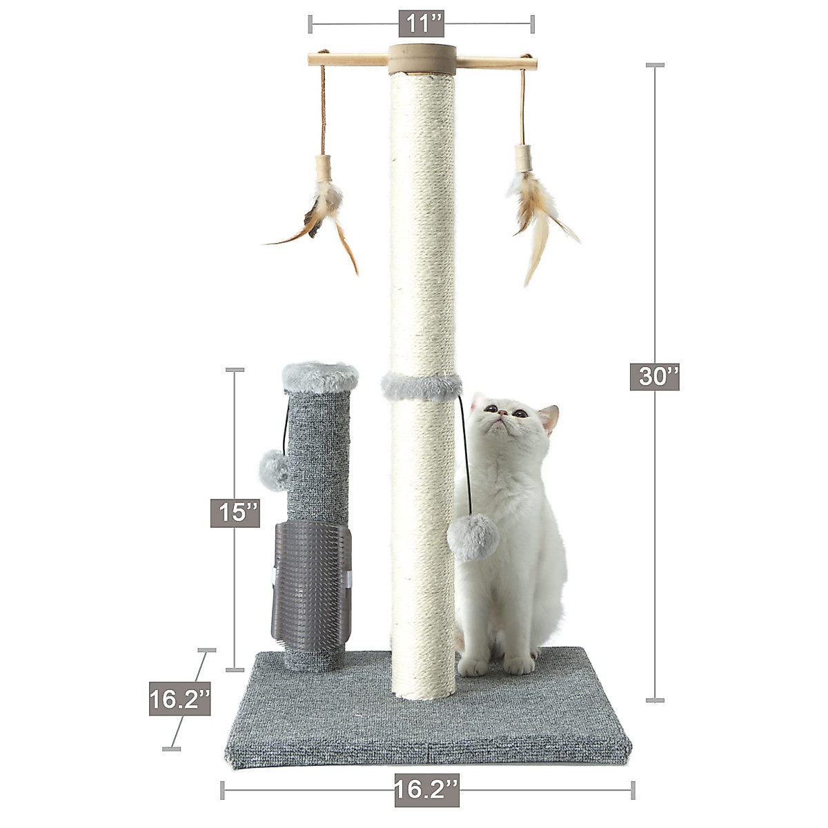 PAWSFANS Cat Scratching Post,Sisal Scratch Posts Vertical Scratcher for Indoor Cats and Kittens,with self Grooming Bursh and Interactive Toys 30 Inches Tall Grey