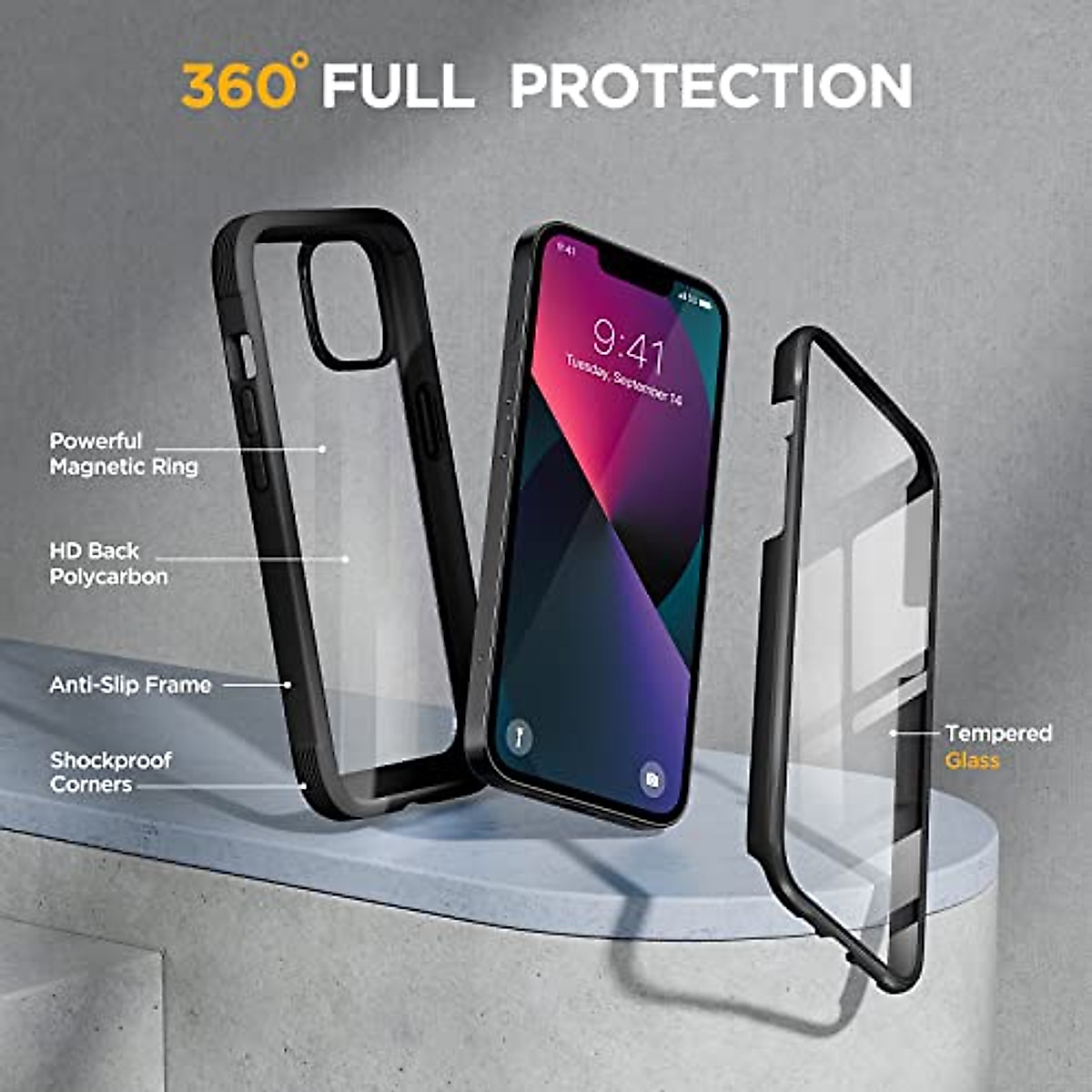 Miracase Compatible with iPhone 13 Mini case 5.4 inch, 2023 Upgrade Full-Body Glass Clear Case Bumper Case with Built-in 9H Tempered Glass Screen Protector for iPhone 13 Mini, Black