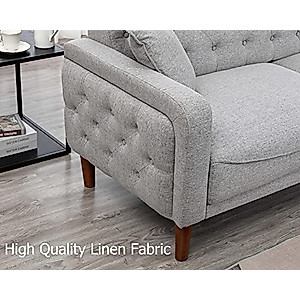 Aoowow Linen Fabric Sofas and Couches 78 Inches Long, Mid Century Modern Couch Tufted Back Sofa with 2 Throw Pillows, Armrest and Wooden Legs for Living Room, Apartment, Bedroom (Grey)
