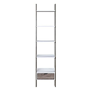RAAMZO Two-Tone White and Weathered Grey Finish 5 Tier Bookcase Shelf Ladder Leaning with Drawer - 74" Height