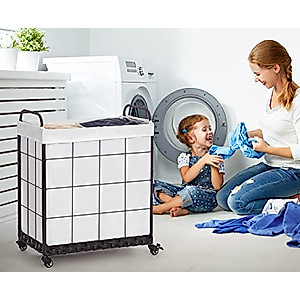 Laundry Hamper with Divided Liner Bag; Collapsible Laundry Basket with Rolling Lockable Wheels; Clothes Hamper with Metal Handle; Laundry Sorter with Removable Liner Bag (White)