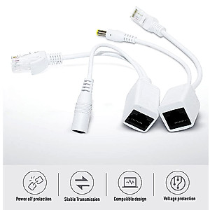 BeElion 5-Pair/10pcs White Passive PoE Injector and Splitter Kits with 5.5x2.1mm DC Connector RJ45 Power Over Ethernet for CCTV Surveillance Camera System