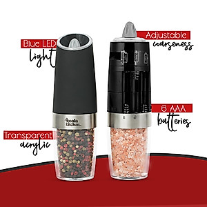 The Koala Kitchen Co. Gravity Electric Salt and Pepper Grinder Set - Stainless Steel Salt and Pepper Shakers Adjustable Coarseness - Blue Light Battery Operated Salt and Pepper Mills, 2 Pack (Black)