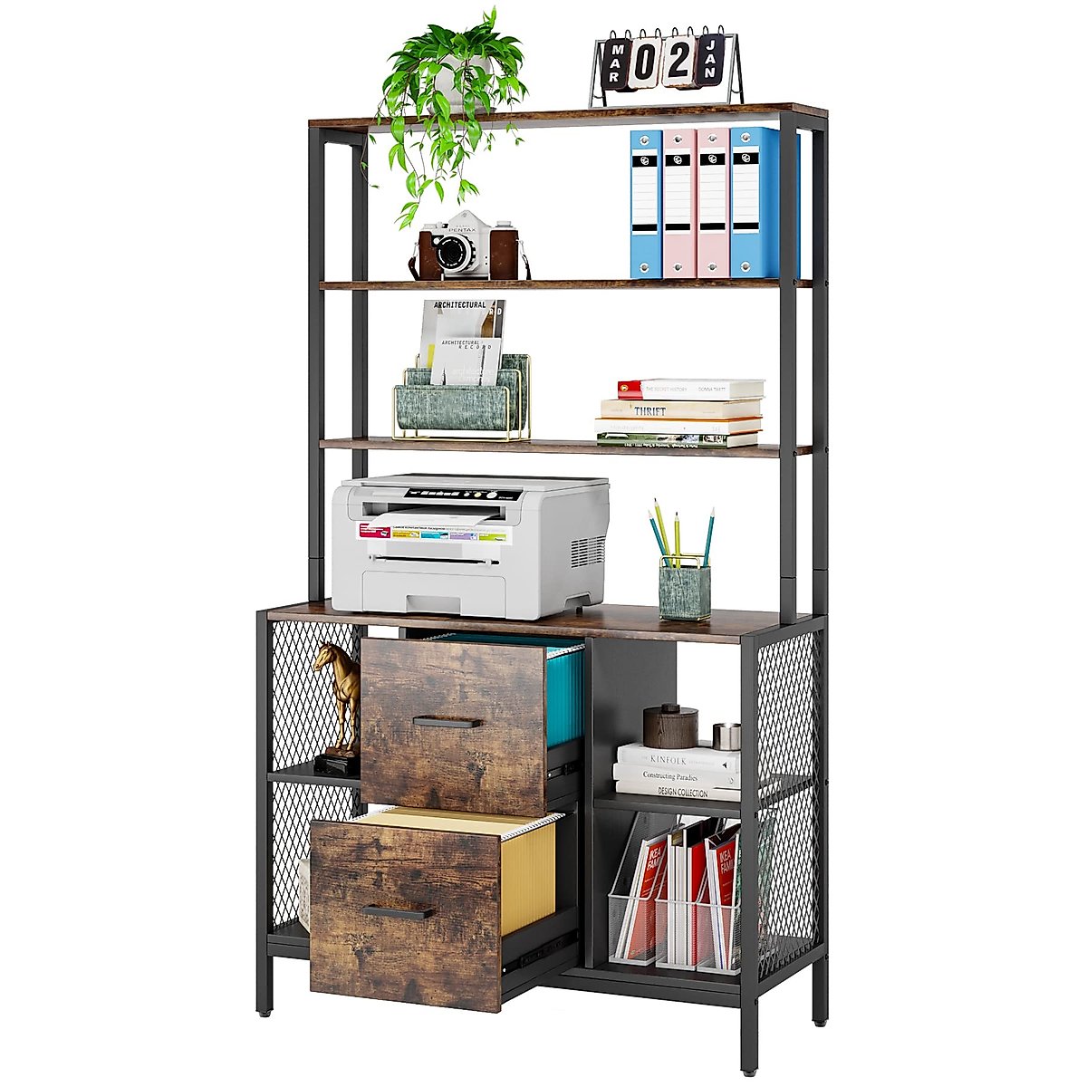 Tribesigns 2-Drawer File Cabinet for Letter Size, 6-Tier Vertical Filing Cabinet with Bookshelf Tall, Large Industrial Printer Stand with Open Storage Shelves for Home Office, Rustic Brown