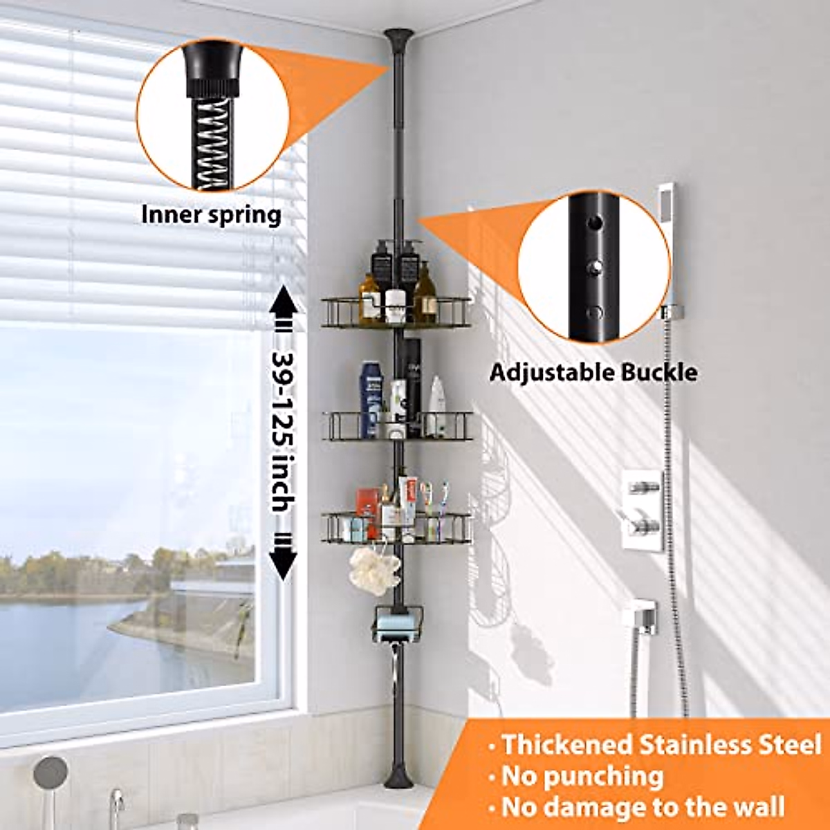 YeYeBest Shower Organizer Caddy, Home Decor Organization And Storage 39-125 Inch for Bathroom Corner Shelves Rack Countertop Adjustable with Tension Pole