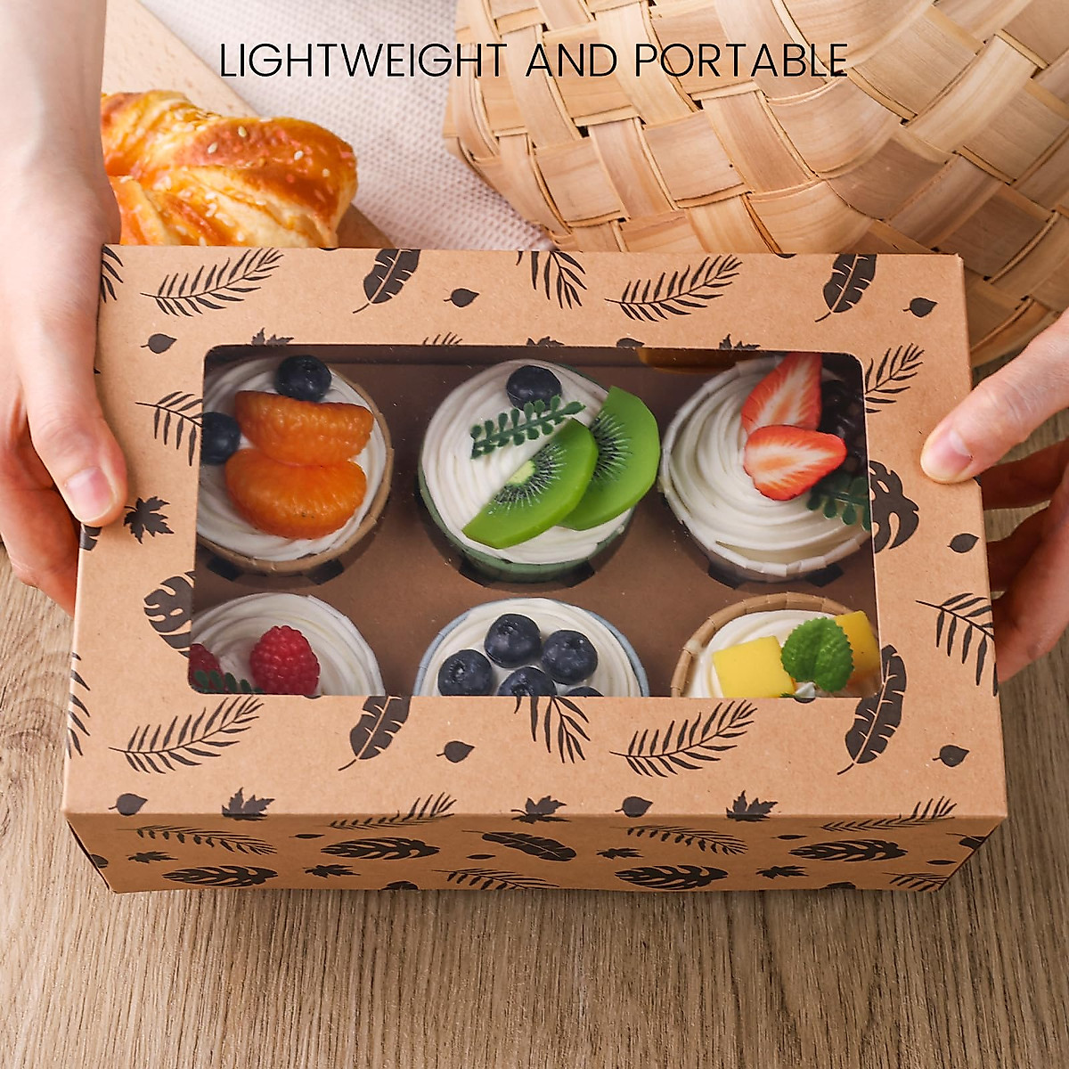 HANSGO 6 Sets Kraft Paper Cupcake Boxes, 9.5 x 6.3 x 3 Inches Cupcake Carrier with Window Holding 6 Count Cupcake Holder Containers Pastry Boxes for Bakery Muffins Cookies Treats Desserts