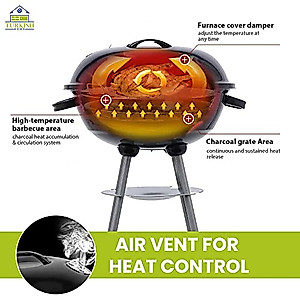 Turkish Home Portable Charcoal Grill 18 Inch Round With 2 Wheels - Easy to Clean Outdoor Barbecue Grill For Camping Tailgating and Garden- Durable Kettle Grill